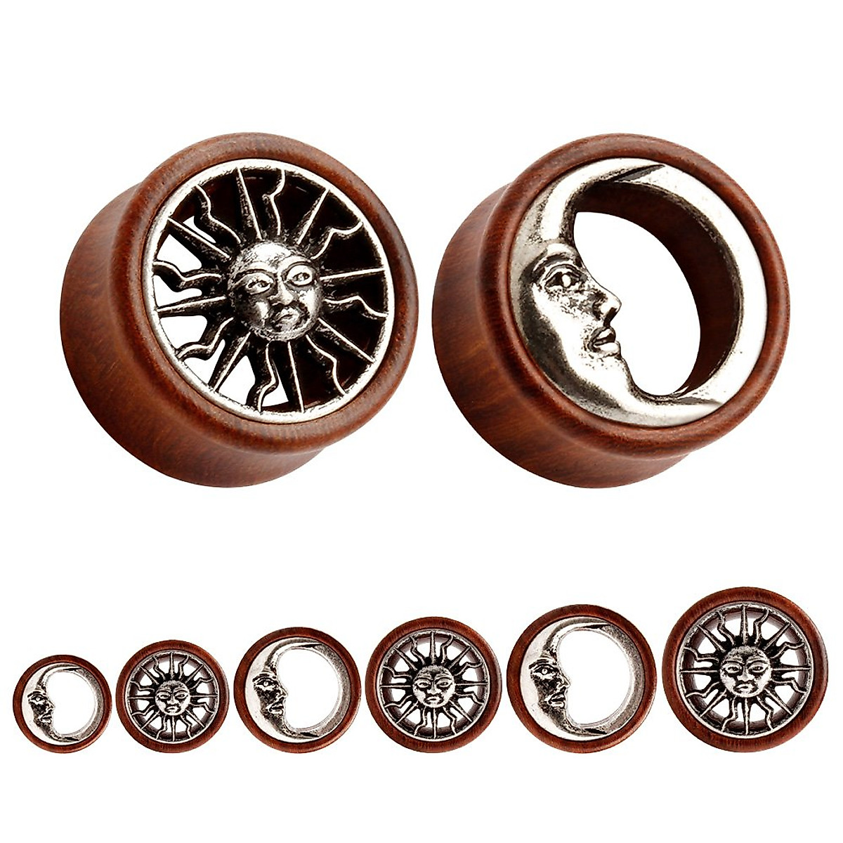 KUBOOZ New Tribal Sun & Moon Organic Natural Wooden Flesh Tunnels Double Flared Ear Stretcher Saddle Plug 10mm