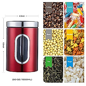 JENNIMER 3PC Kitchen Canister Set for Sugar Food Tea Coffee Candy Storage Jars Stainless Steel with Transparent Windows (Red)