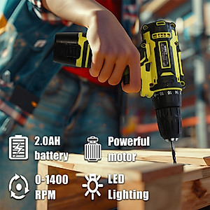 KUWZTY Cordless Drill Set, 12v Lithium Ion Power Drill with Battery and Charger, Compact Driver/Drill Kit, 3/8-Inch Keyless Chuck, 2 Variable Speed, 18+1 Position and LED Light and 15pcs Accessories