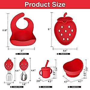 Baby Led Weaning Supplies Pinko Coral Silicone Baby Self Feeding Utensils with Suction Bowl Divided Plate Adjustable Baby Bib Soft Spoon Fork with Lid Drinking Cup Utensil