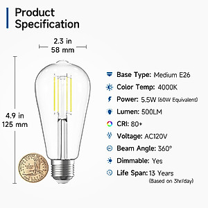 SHINESTAR E26 LED Bulb 60 Watt Dimmable, 4000K Bright White, Edison Light Bulbs for Bathroom Vanity, 4-Pack