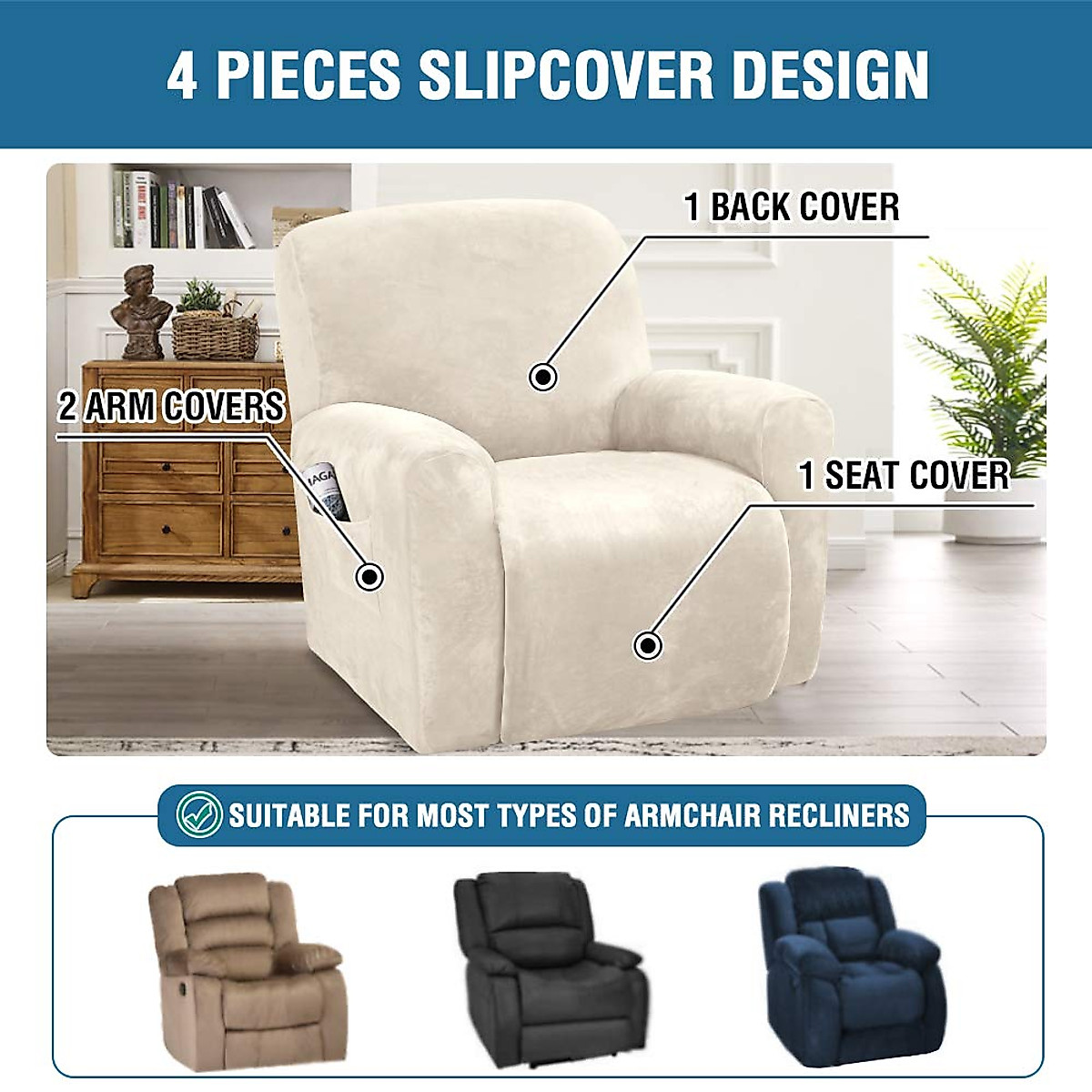 H.VERSAILTEX Velvet Stretch Recliner Couch Covers 4-Pieces Style Recliner Chair Covers Recliner Cover for Reclining Chair Slipcovers Feature Non Slip Form Fitted Thick Soft Washable, Ivory