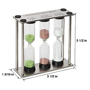 Lily's Home 3-in-1 Perfect Tea Timer, Includes 3, 4, and 5 Minute Sand Hourglass Timers, Use for Making Tea or Keeping Time Around The Kitchen, Brushed Stainless Steel Frame (3.75" Tall)