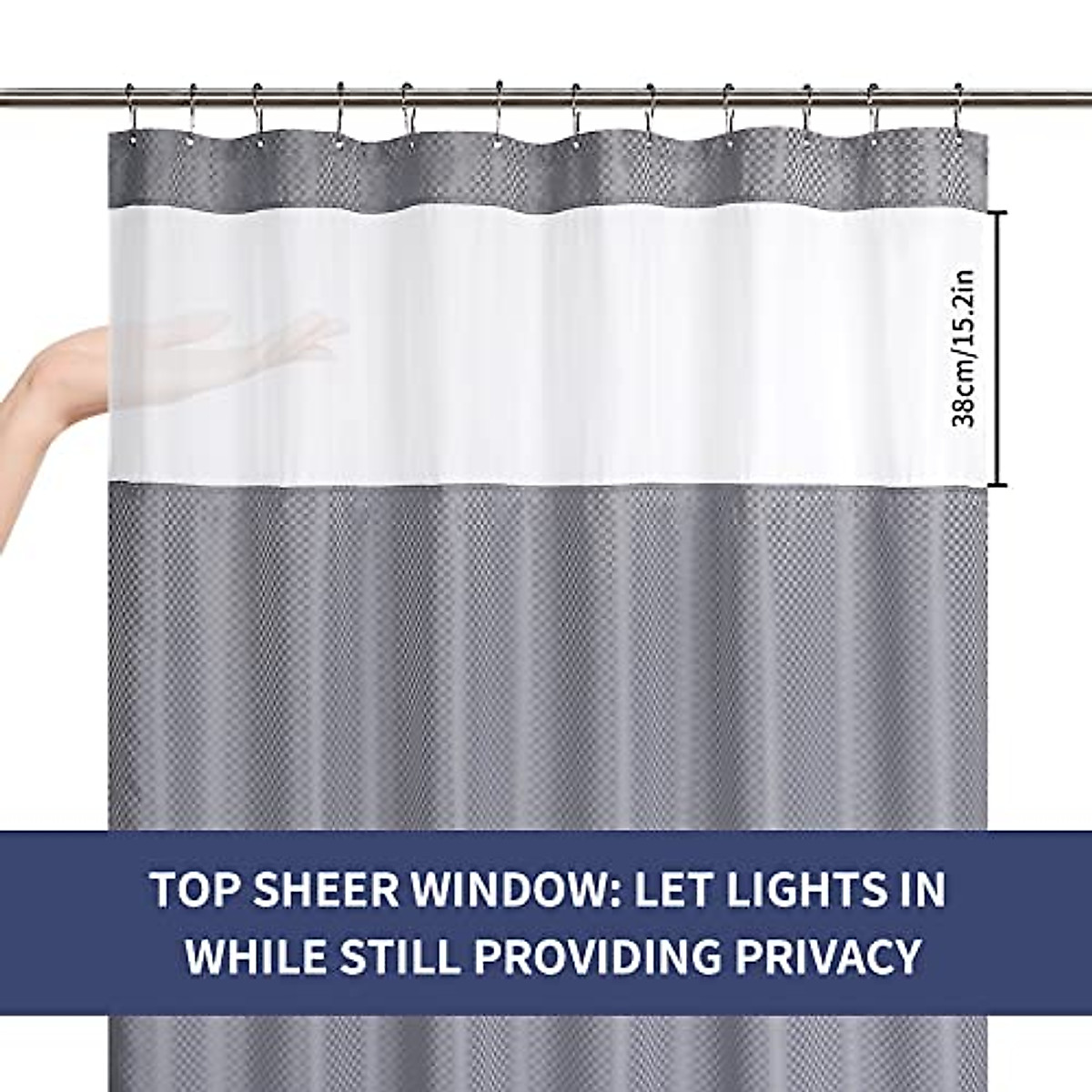 GAOMON Shower Curtains for Bathroom Hookless Shower Curtain with Snap in Liner Grey/White Shower Curtain Grommet Waterproof Fabric See Through Top Washable Shower Curtain Liner 72''Wx78''L