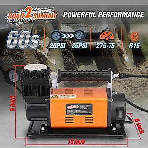 Heavy Duty Portable 12V Air Compressor Kit Inflate 6.35CFM (180L/ Min), Max 150PSI, Off-Road Air Compressor Kit for 4x4 Vehicle RV, Air Pump for ATVS Tire, for Car and SUV Tire, ROAD2SUMMIT