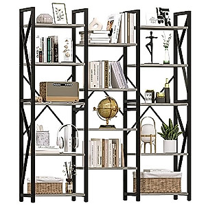 IDEALHOUSE Triple Wide 5 Tier Book Shelf, Tall Bookshelf with Open Display Shelves, Industrial Large Bookshelves and Bookcases with Metal Frame for Living Room, Bedroom, Home Office-Grey