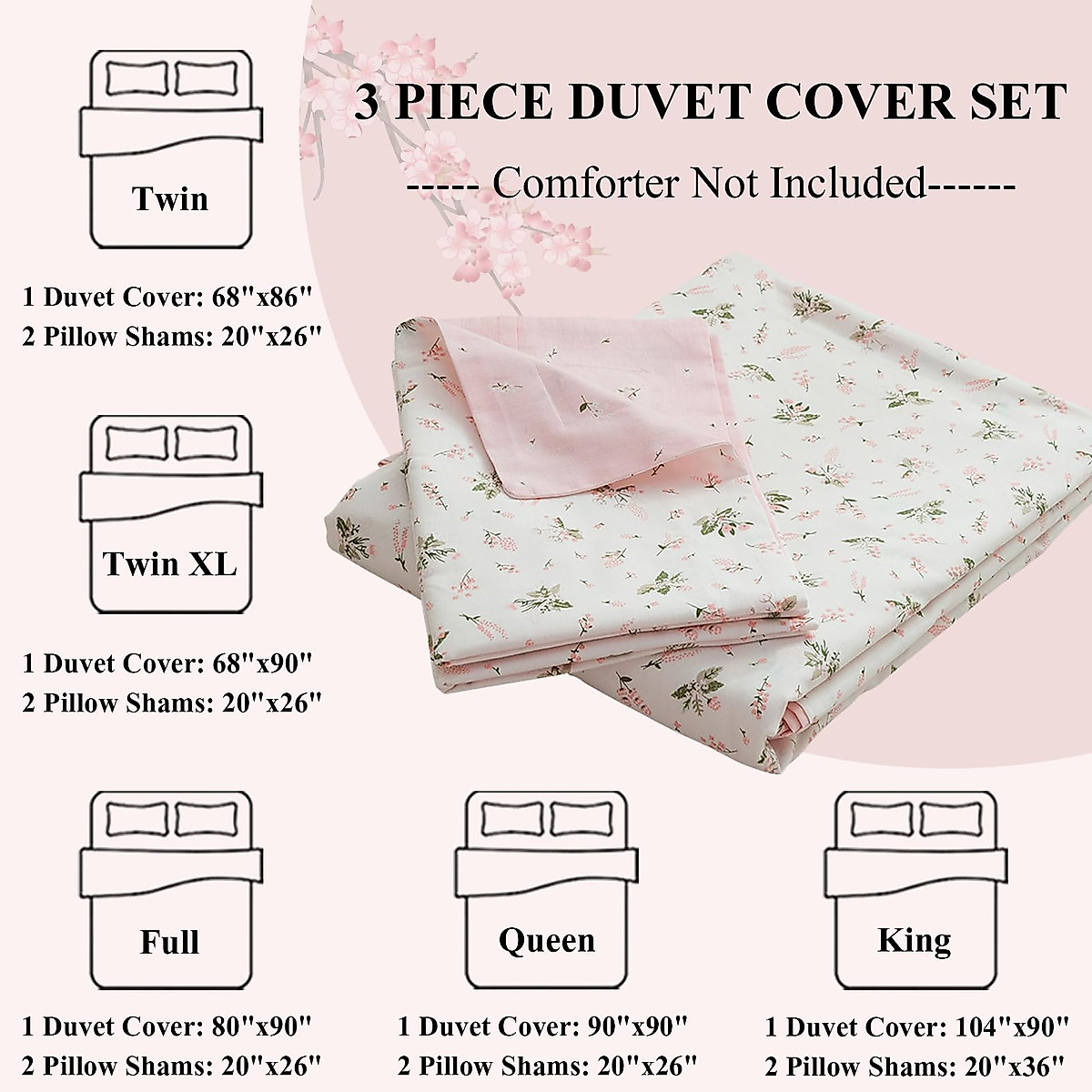 Floral Girls Duvet Cover Twin XL Cotton Pink Floral Duvet Cover Chic Garden Flower Bedding Sets Lightweight Soft Aesthetic Floral Comforter Cover 1 Twin XL Duvet Cover with 2 Pillowcases, No Comforter