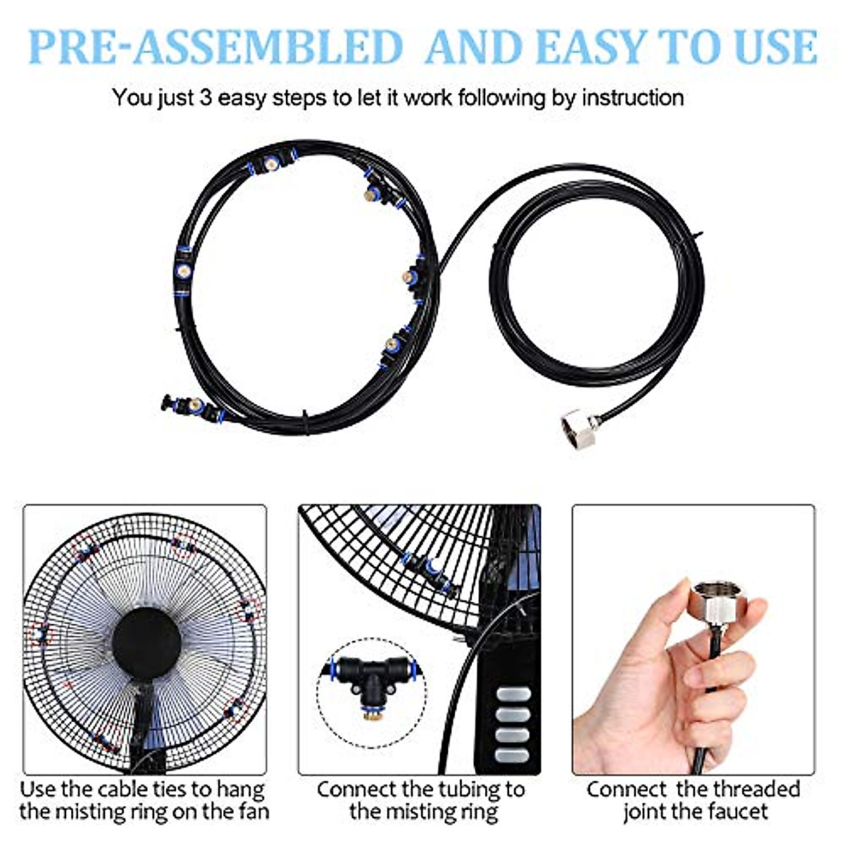 Hotop Fan Misting Kit, Outdoor Fan Misting Cooling System with 6 Brass Mist Nozzles Brass Adapter 19.68 Feet Misting Line 20 Cable Tie for Cooling Patio Garden Greenhouse Breeze Connect to Outdoor Fan