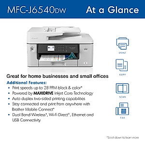Brother MFC-J6540DW White Business Color Inkjet All-in-One Printer – Print, scan, Copy or fax up to 11”x17 (Ledger) Size Paper