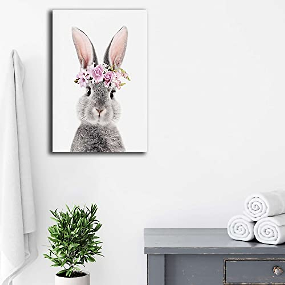 Canvas Painting Posters and Print Bunny Print Nursery Rabbit Bunny Portrait Easter Bunny Wall Art Bunny With Flower Crown Bunny Art Bunny With Flowers Kitchen Dining Room Wall Decor 16x24inch-without Frame