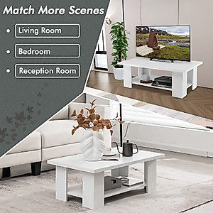 Tangkula 2-Tier Coffee Table, Modern Rectangular Center Cocktail Table with 5 Support Legs, Wooden Accent Living Room Furniture, Small Coffee Table for Small Spaces, Easy Assembly (White)