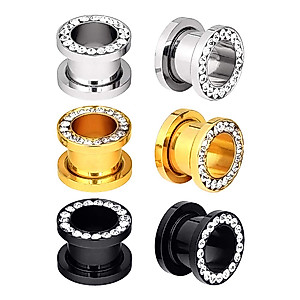 YOFANST 6pcs Stainless Steel Black Silver Rosegold Clear Crystal Gems Screw Back Ear Tunnels Gauges 00g