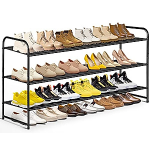 MISSLO 3-Tier Long Shoe Rack for Closet Shoe Organizer for Closet Floor Entryway Storage Stackable Wide Shoe Shelf Stores 24 Pairs of Men Sneakers, Black
