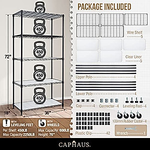 CAPHAUS NSF Commercial Grade Heavy Duty Wire Shelving w/Wheels, Leveling Feet & Liners, Storage Metal Shelf, Garage Shelving Storage, Utility Wire Rack Storage Shelves, w/Liner, 36 x 18 x 76 5-Tier