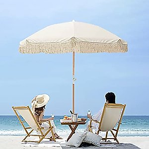 LefeDa 6.5FT Boho Umbrella With Fringe Beige Beach Umbrellas For Sand UV Protection Large Outdoor Umbrella Wooden Stanchions Patio Table Umbrella Waterproof Foldable 8 Ribs With Carry Bag