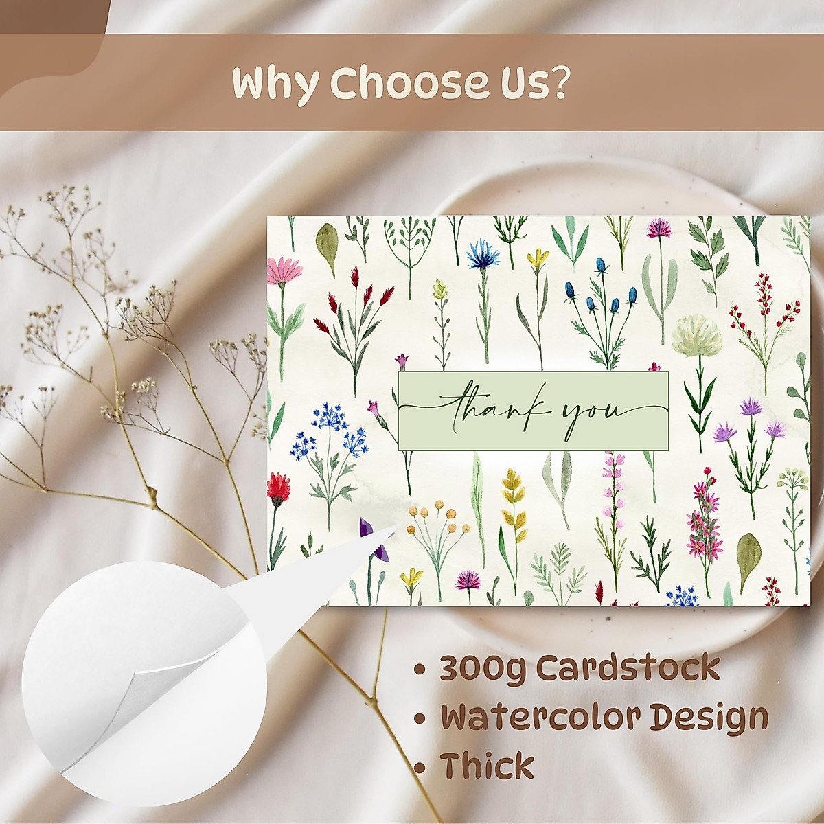 CCAMSSELY Wedding Thank You Cards with Envelopes - 50 Pack Watercolor Floral Thank You Cards Bulk for Baby Shower Bridal Birthday Graduation - 4x6 inches