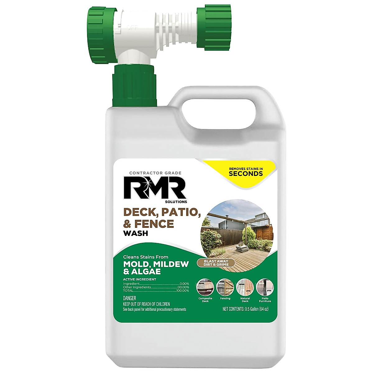 RMR Deck, Patio, & Fence Wash - Commercial-Grade Outdoor Stain Remover for Mold, Mildew, and Algae, 64 Ounce Bottle with Hose-End Adapter