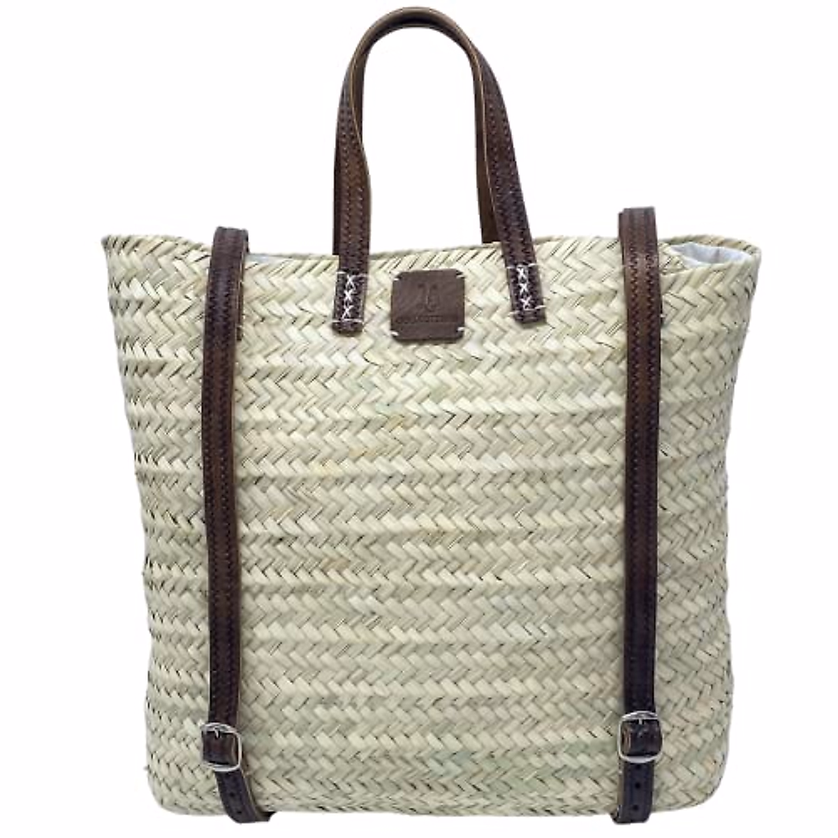 LA Collections Natural Straw and Leather Bag, Backpack, Tote, Adjustable Leather Straps, Perfect for Beach, Shopping, Market, Picnic, Music festival. Handcrafted by Moroccan artisans.