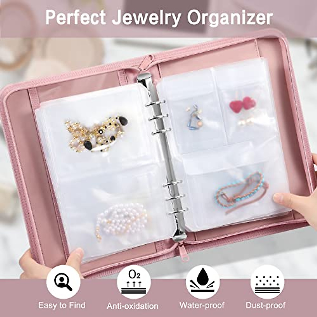SKYREH Jewelry Travel Organizer Case, PU Leather Portable Jewelry Storage Book with Transparent Pockets Zipper Bag for Necklaces, Earrings, Bracelets (48 Grids + 48 Thicken PVC Bags), Rose Gold