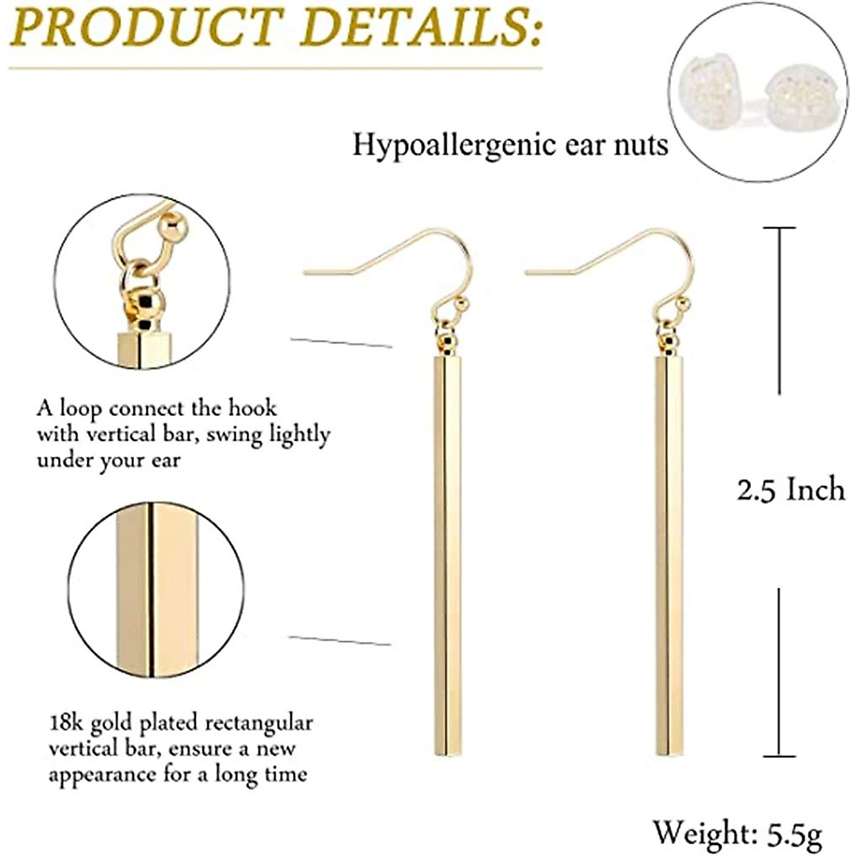 Gmillions Minimalist Vertical Long Bar Earrings Gold Silver Plated Drop Line Dangle Geometric jewelry for Women Girls set 2pcs (Gold+Silver)