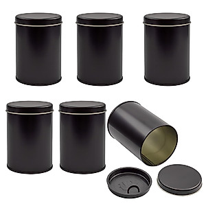 Double Seal Tea Canisters (6-Pack); Black Metal Round Tea Tins w/ Interior Molded Plastic Seal