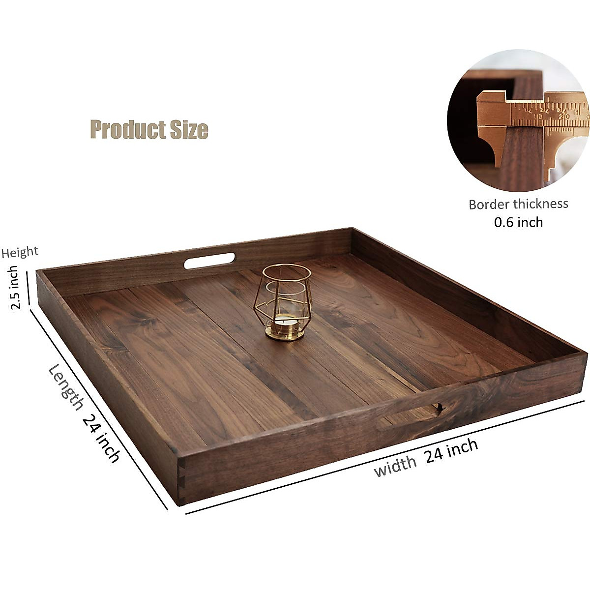 MAGIGO 24 x 24 Inches Extra Large Square Black Walnut Wood Ottoman Tray with Handles, Serve Tea, Coffee or Breakfast in Bed, Classic Wooden Decorative Serving Tray