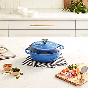 Lodge 3 Quart Enameled Cast Iron Dutch Oven with Lid – Dual Handles – Oven Safe up to 500° F or on Stovetop - Use to Marinate, Cook, Bake, Refrigerate and Serve – Caribbean Blue