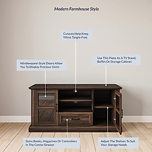 BELLEZE Rustic 62 Inch Modern TV Stand Fits TVs Up to 70 Inch, Storage Entertainment Center Console with Window Pane Glass Cabinet Doors and Adjustable Shelves - Trussati (Dark Walnut)