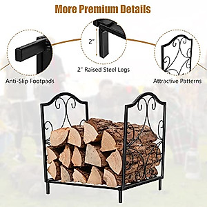 Goplus 17” Small Firewood Rack, Indoor Outdoor Decorative Firewood Storage Carrier Log Rack with Elegant Patterns & Raised Legs, Heavy Duty Firewood Holder for Fireplace, Fire Pit