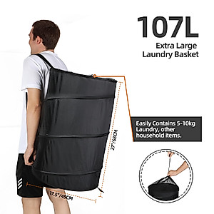 BATTOO Extra Large 107L Strong Laundry Hamper 17.5" x 27" Collapsible Laundry Baskets with Long Straps Drawstring Barrel Foldable Hamper for Laundry Room, Bathroom, Campout, College Dorm or Travel