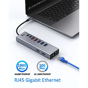 8K Dual HDMI USB C Hub 10Gbps Laptop Docking Station USB C to Dual 4K Monitor for Dell/HP/Lenovo, 10-in-1 USB C Adapter Dongle with Gigabit Ethernet, 2 USB 3.1, 3 USB 3.0, USB C Data and PD Charging