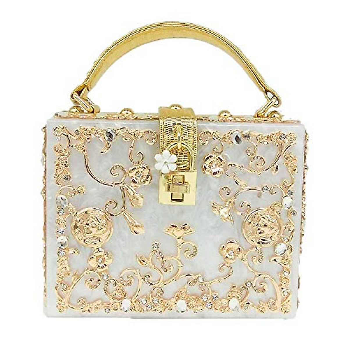 Tngan Women Evening Clutch Acrylic Square Box Bag with Rhinestones Shoulder Bag Crossbody Bag Handbag, White