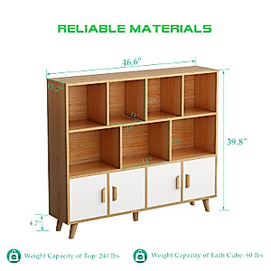 OSCHF Cubby Shelf Bookcase with Doors - Wooden 11 Cube Floor Standing Open Bookshelf with Solid Wood Legs, 3-Tier Storage Cabinet, Oak and Warm White