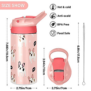 ALAZA Cartoon French Bulldog Kids Water Bottles with Lids Straw Insulated Stainless Steel Water Bottles Double Walled Leakproof Tumbler Travel Cup for Girls Boys Toddlers 12 oz / 350 ml,Pink