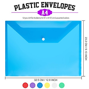 12 Pack Plastic Envelopes Poly Envelopes, LEOBRO A4 Clear File Bags Document Folders Document Organizers with Snap Button for Document Stationery Tools Organization, in 6 Assorted Colors