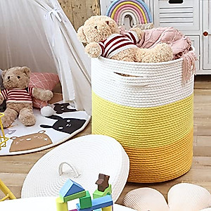 Sea Team Large Size Cotton Rope Woven Storage Basket with Lid, Lidded Laundry Hamper with Handles, Fabric Bucket with Cover, Clothes Toys Organizer for Kid's Room, 16 x 20 inches, White & Yellow