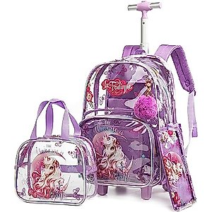 ZBAOGTW Unicorn Rolling Backpack for Girls Rolling Backpack with Lunch Box and Pencil Bag Adjustable Length Wheeled Backpack for Girls