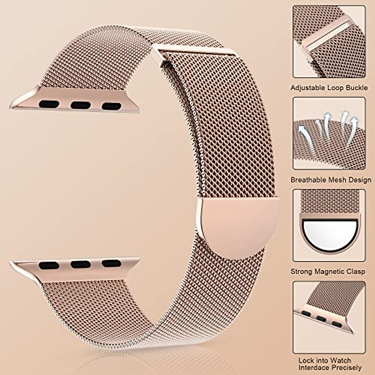 Marge Plus Compatible with Apple Watch Band Series Ultra 8 7 6 5 4 3 2 1 SE 38mm 40mm 41mm 42mm 44mm 45mm 49mm Women and Men, Stainless Steel Mesh Loop Magnetic Clasp Replacement for iWatch Bands (41mm/40mm/38mm, Champagne Gold).