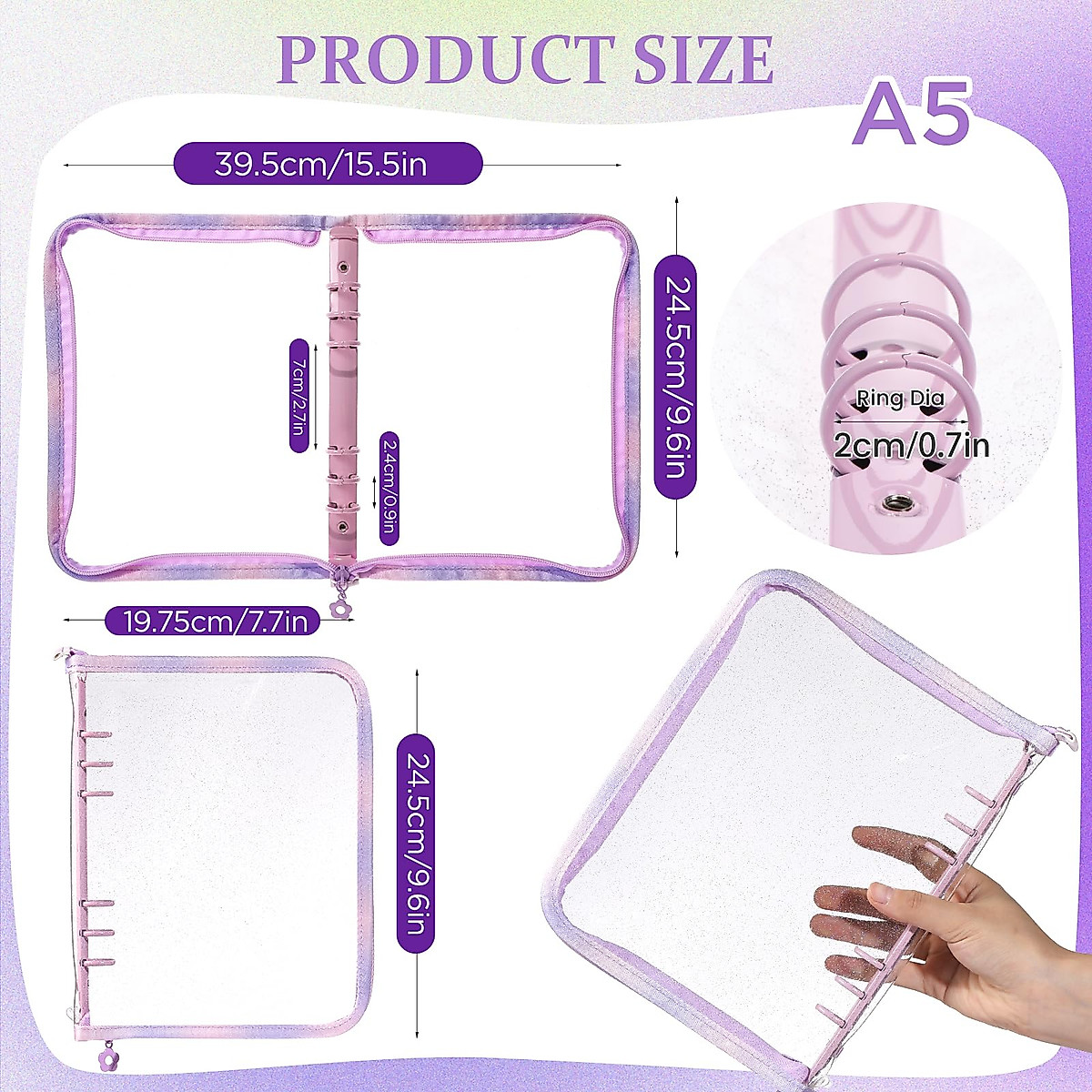 NEWEST A5 6 Ring PVC Planner Budget Binder Cover with Zipper, Blue Gradient Loose Leaf Zip Up Binder Cover, Flashing Clear Notebook Cover Protector for Journal Planner Photo Album Diary Folder