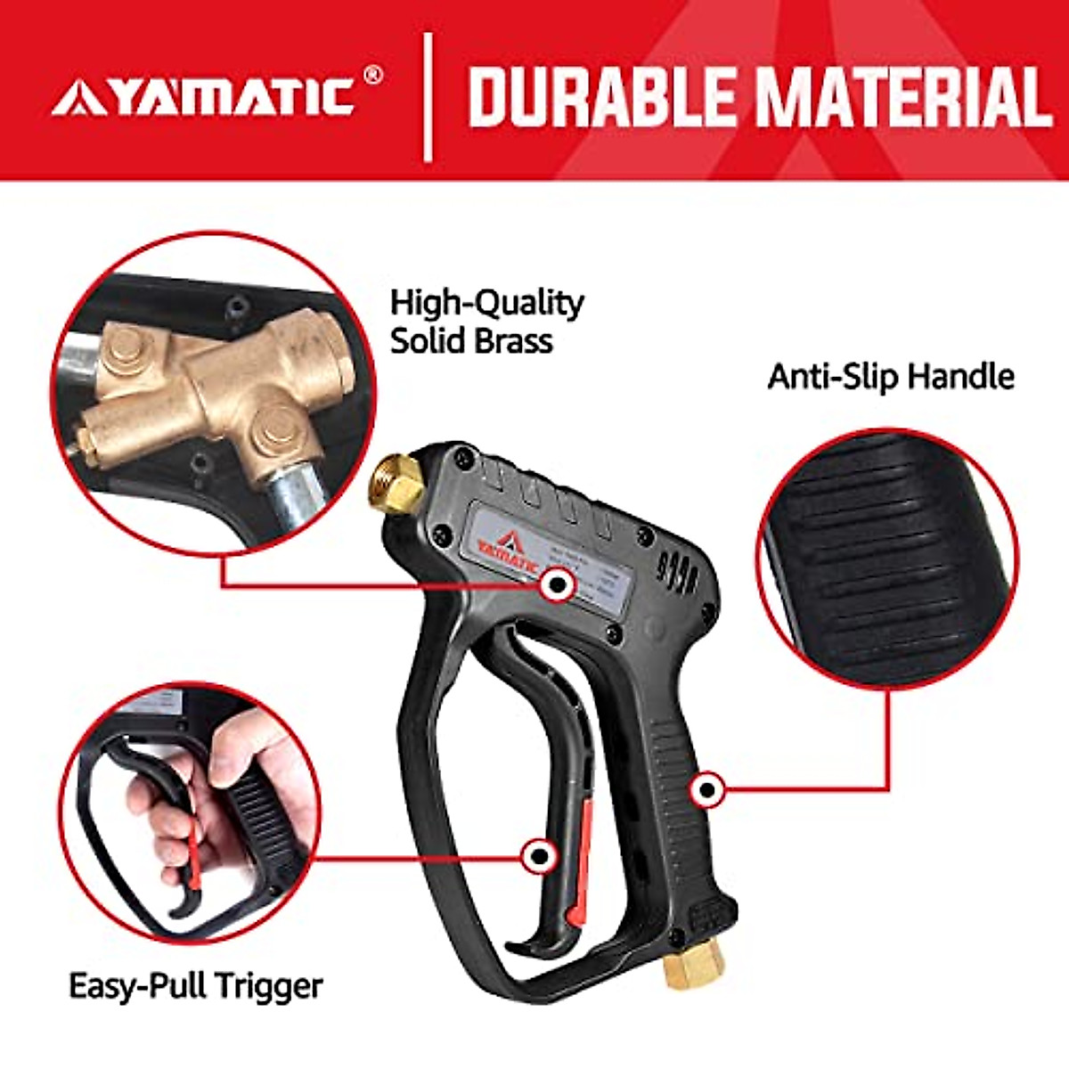 YAMATIC 5000 PSI High Pressure Washer Trigger Gun with 3/8" Swivel Inlet, Power Washer Short Wand, Spray Handle with M22-14mm Adapter, 1/4" Quick Connector, 12 GPM / 35 Mpa