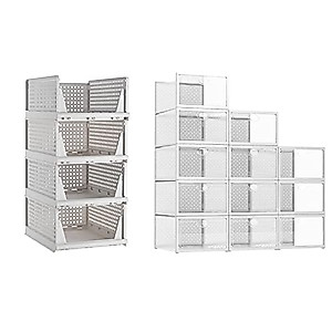 Pinkpum 4 Pack-Drawer Shelf Storage Container for Wardrobe +12 Pack Large Clear Plastic Shoe Storage Foldable Sneaker Storage Fit for Size 12