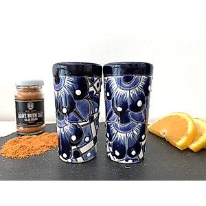 Casa Fiesta Designs Mexican Shot Glasses, Hand-painted Ceramic Tequila Shot Glass Made in Mexico - Great for Tequila, Mezcal and Sangrita, 2 oz - Blue and White - Tequilero Azul y Blanco (Pack of 4)