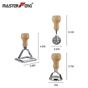 MASTER FENG Ravioli Stamp Maker Cutter with Roller Wheel Set, Mold with Wooden Handle and Fluted Edge, Pasta Press Kitchen Attachment (3 Set with Cutter)