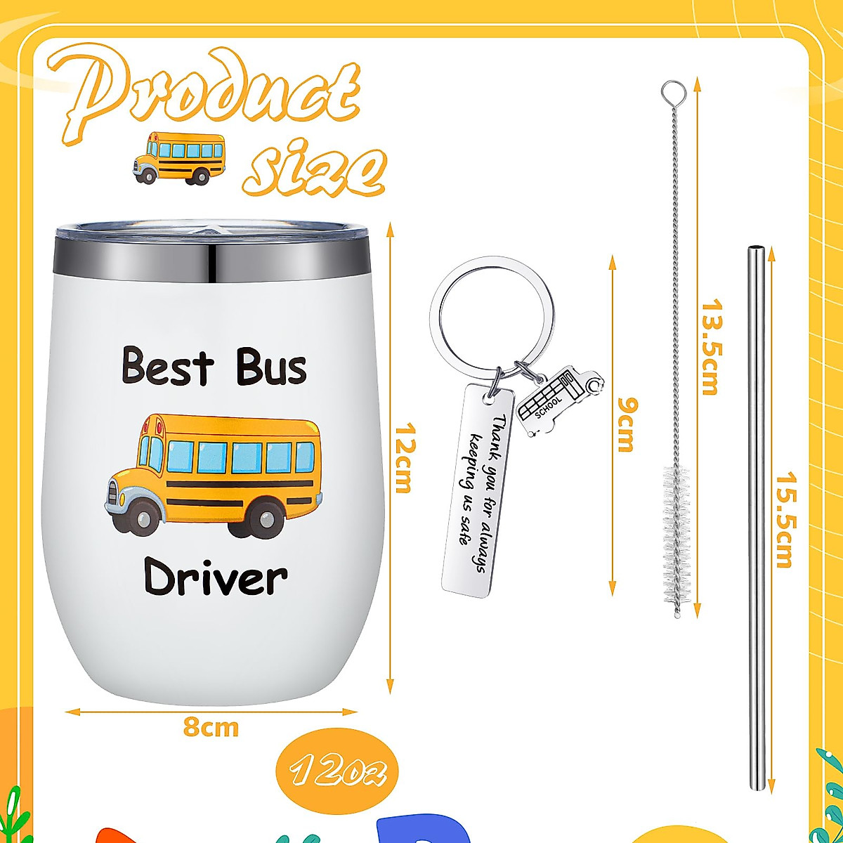 Rtteri 2 Pcs Bus Driver Appreciation Gifts School Bus Driver Gifts for Women Men Bus Driver Keychain Stainless Steel Bus Driver Tumbler Cup 12oz with Lid and Straw for Back to School Present (Cute)