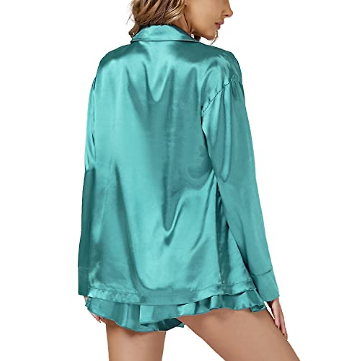 LYANER Women’s 3 Pieces Satin Cami Shorts Pajamas Rope Set Crop Sleepwear Lingerie Loungewear Set Turquoise Medium