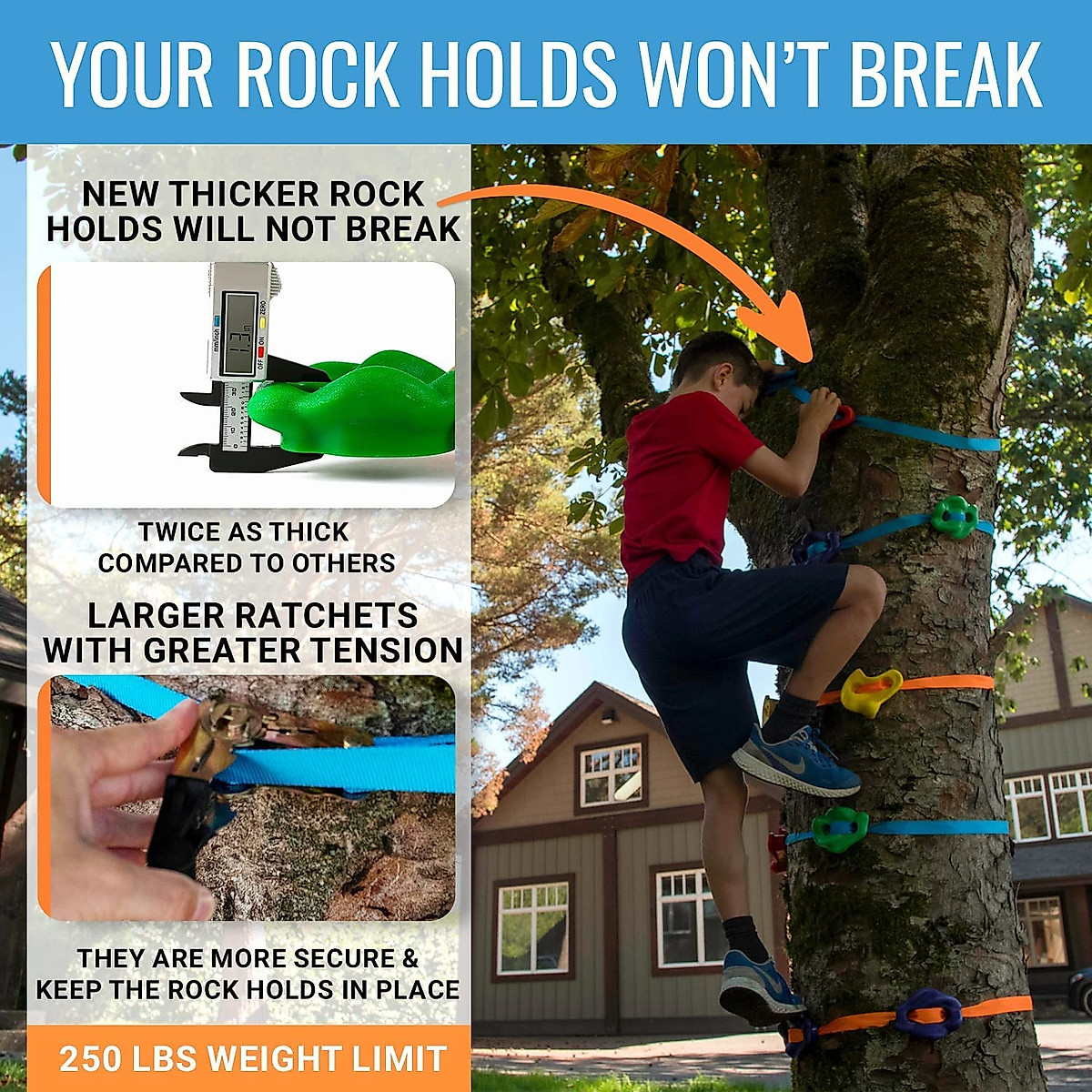 Hyponix Ninja Tree Climbing Kit – 16 Rock Climbing Holds & 8 Ratchets – Reinforced Rock Climbing Holds - Sets up Within Minutes - The Perfect Outdoor Toys for Kids 5-12