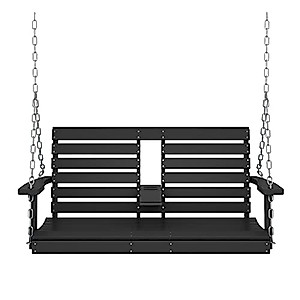 KINGYES Outdoor Hanging Porch Swing, 2 Seat Patio Swing Chair with Cup Holders, Waterproof Swing Chair Bench for Courtyard & Garden, 660LBS Weight Capacity, Black