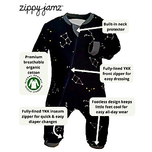 zippyjamz Organic Baby Footless Sleeper Pajamas with Inseam Zipper for Quicker and Easier Diaper Changes (Galaxy Love - Navy, 18-24 Months)