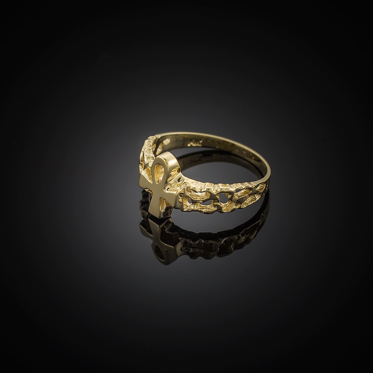 Solid 10k Yellow Gold Nugget Band Egyptian Ankh Cross Knuckle Ring, Size 8