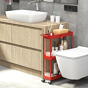 SimpleHouseware Kitchen Cart Storage 3-Tier Slim/Super Narrow Shelves with Handle, 26.5'' Height/5.5'' Width for Narrow Place, Red